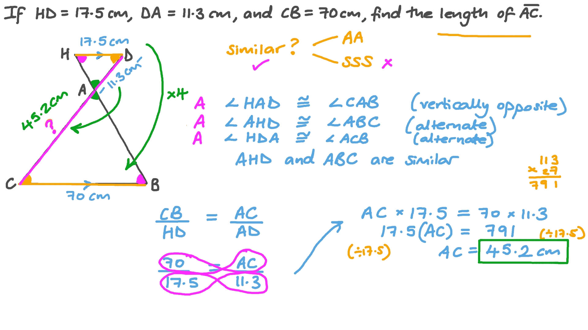 Question Video: Finding the Length of a Side in a Triangle given the Corresponding Side in a ...