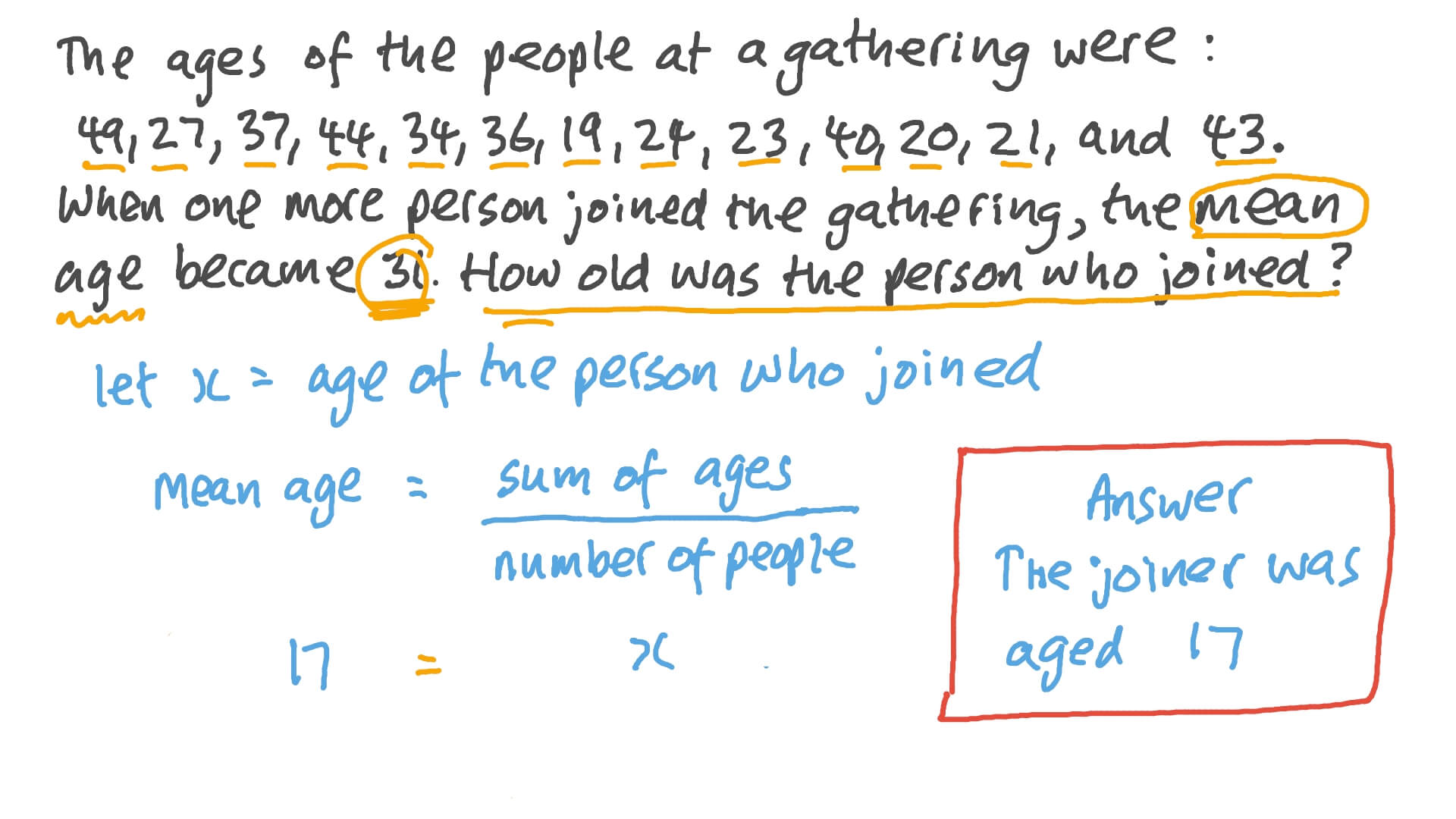 Question Video: Finding the Missing Data Value of a Data Set given the Mean | Nagwa