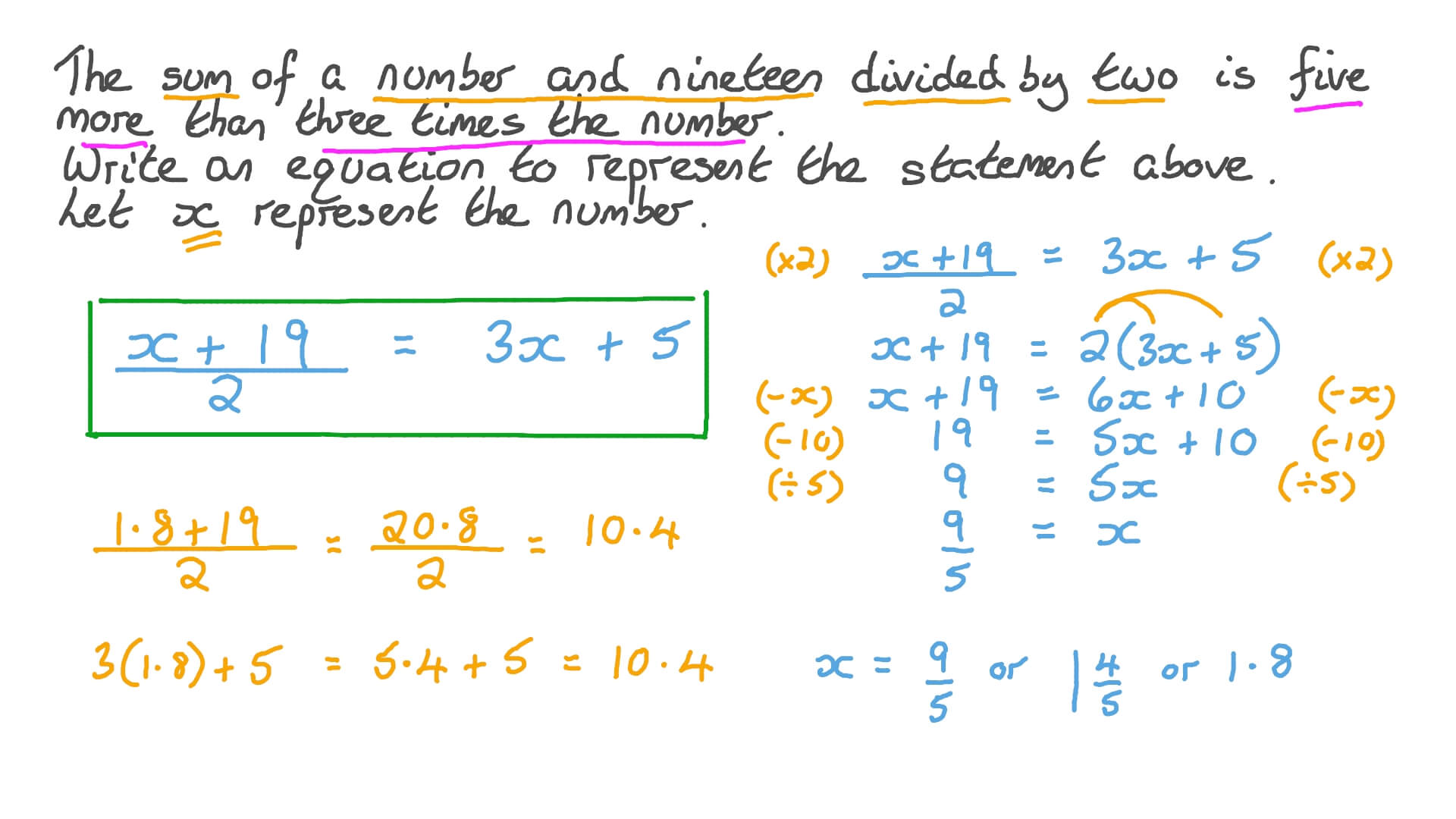 Question Video Creating Linear Equations With One Variable Nagwa