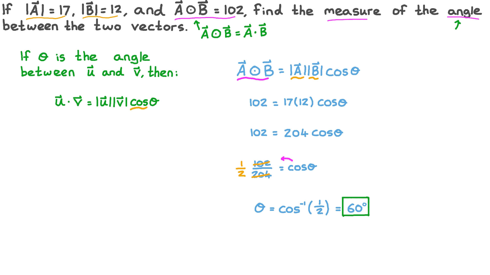 Question Video: Finding the Angle between Two Given Vectors given their ...
