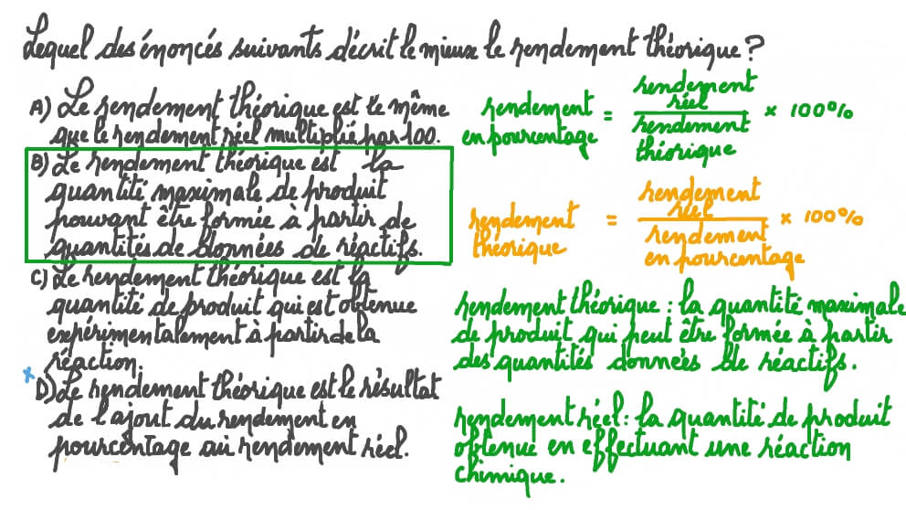 Question Video: Définir ce qu’est un rendement théorique | Nagwa