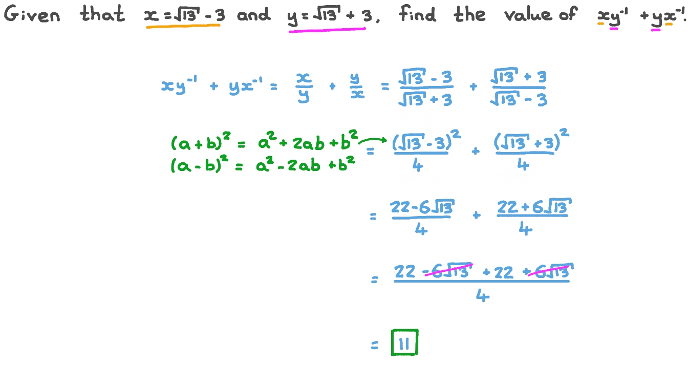 Question Video: Evaluating Algebraic Expressions with Negative Exponents Involving Irrational ...