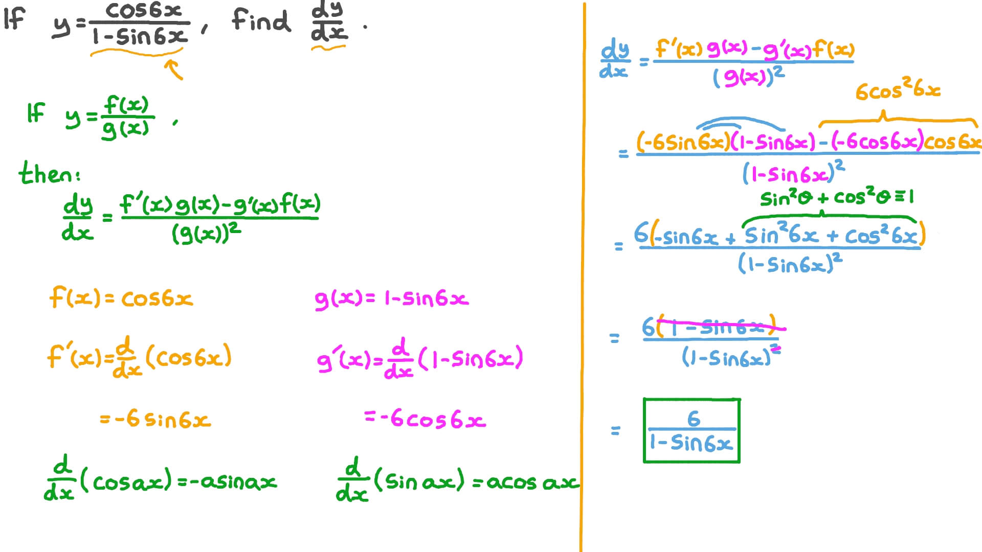 Question Video: Finding the First Derivative of the Quotient of ...