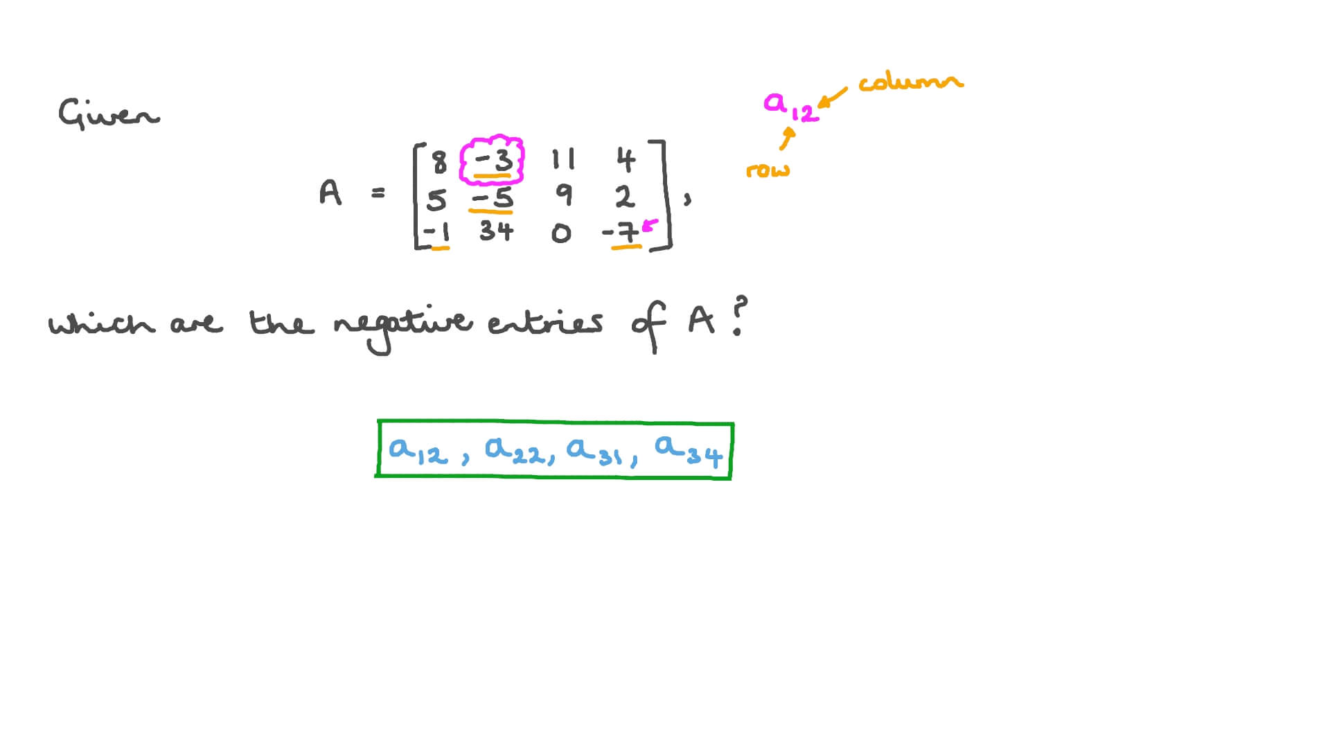Question Video: Finding the Negative Entries of a Matrix | Nagwa