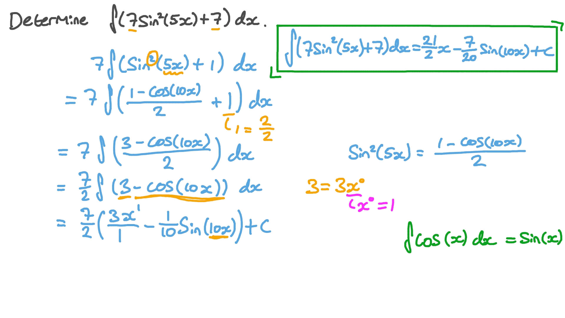 Question Video Integrating Sine Squared Using Half Angle Trigonometric