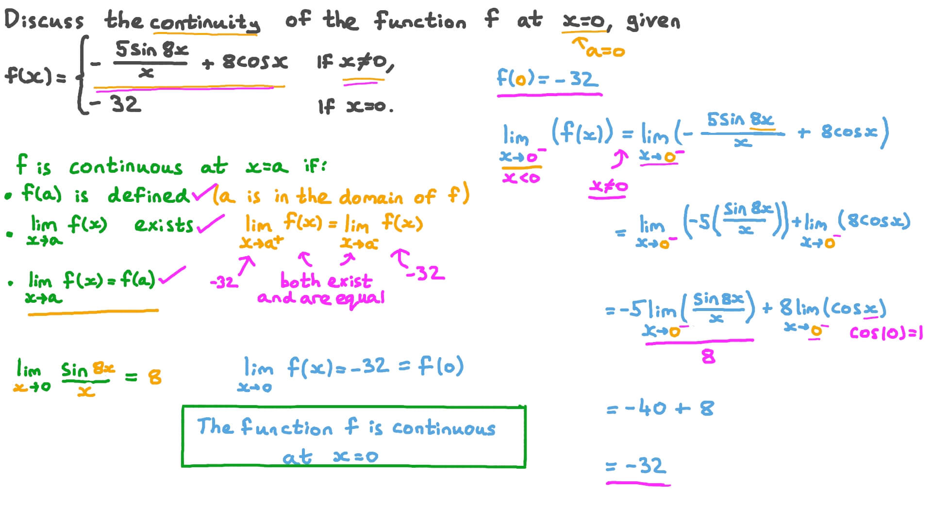 Question Video: Discussing the Continuity of a Piecewise-Defined Function Involving ...