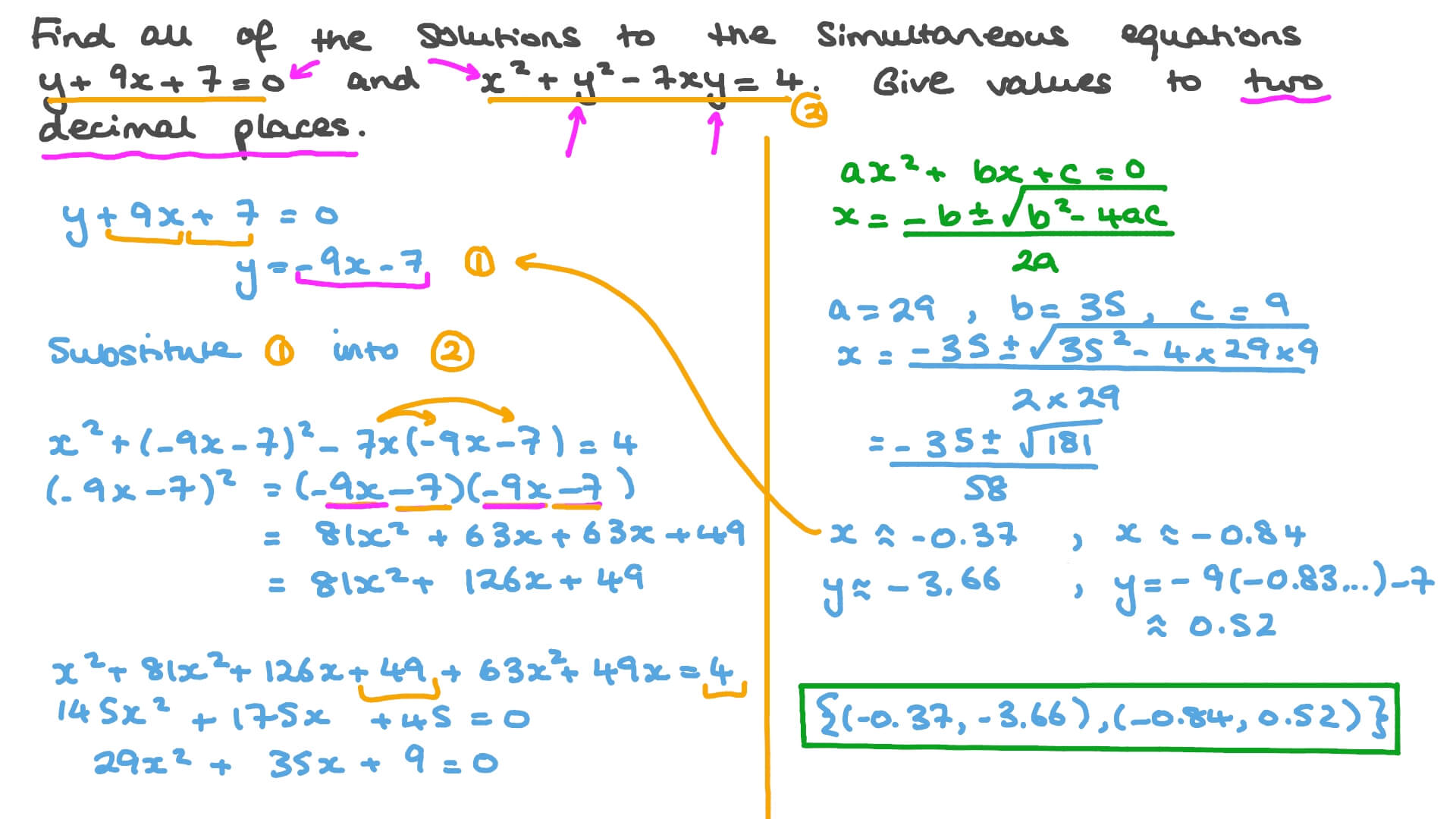 Question Video Solving A System Of Linear And Quadratic Equations Nagwa