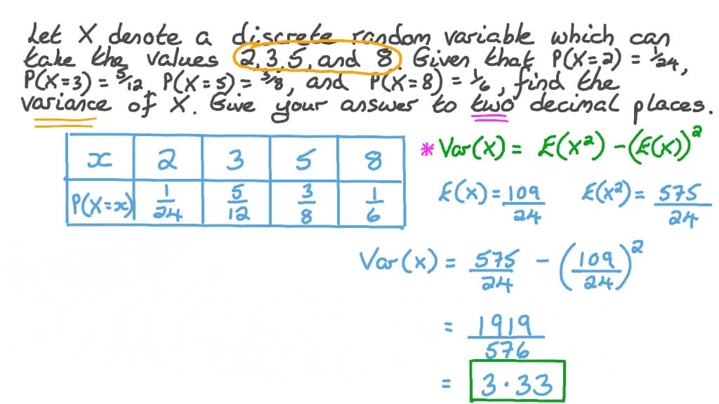 Question Video Determining The Variance For A Discrete Random Variable Nagwa