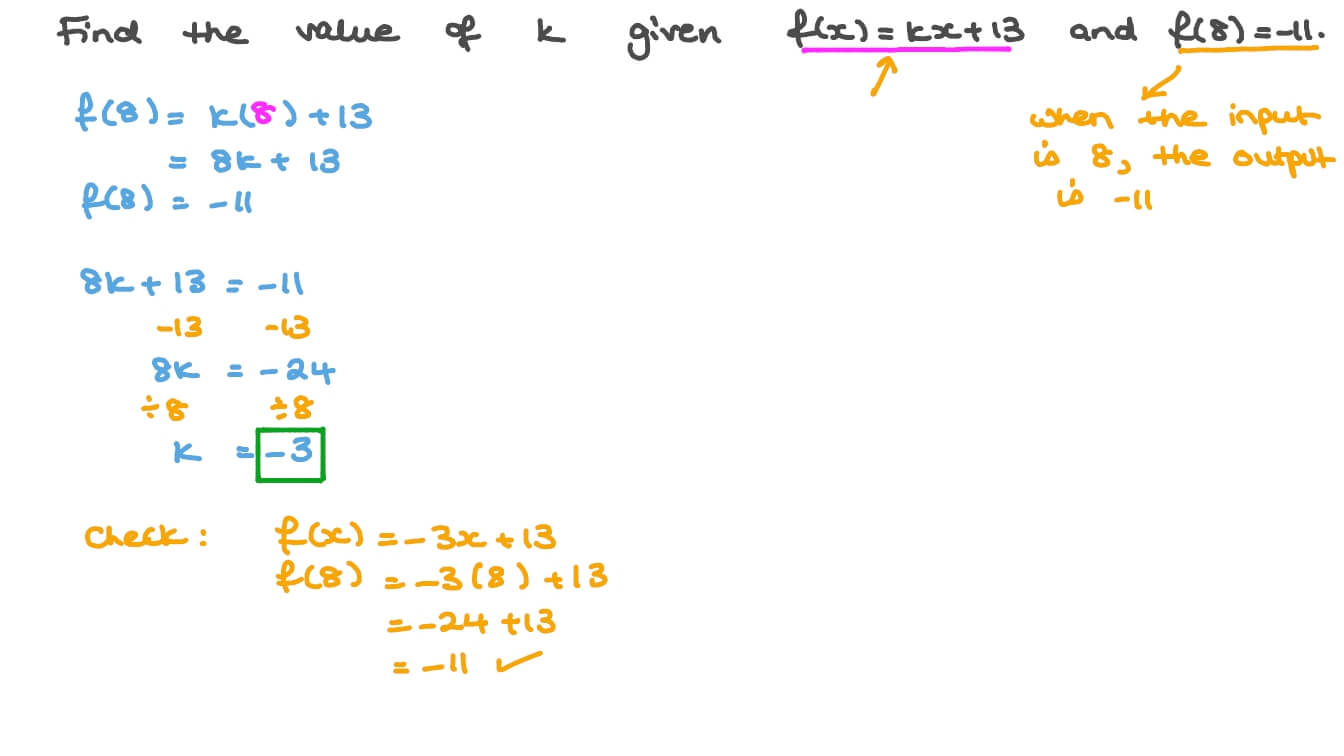 Question Video: Finding the Value of the Coefficient of 푥 in a Linear Function given its Value ...