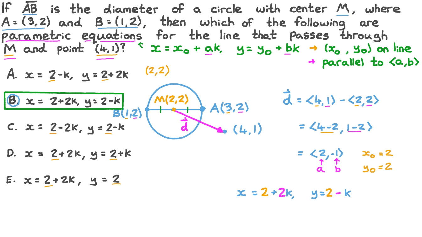 Question Video: Idenitfying the Parametric Equations of a Diameter of a ...