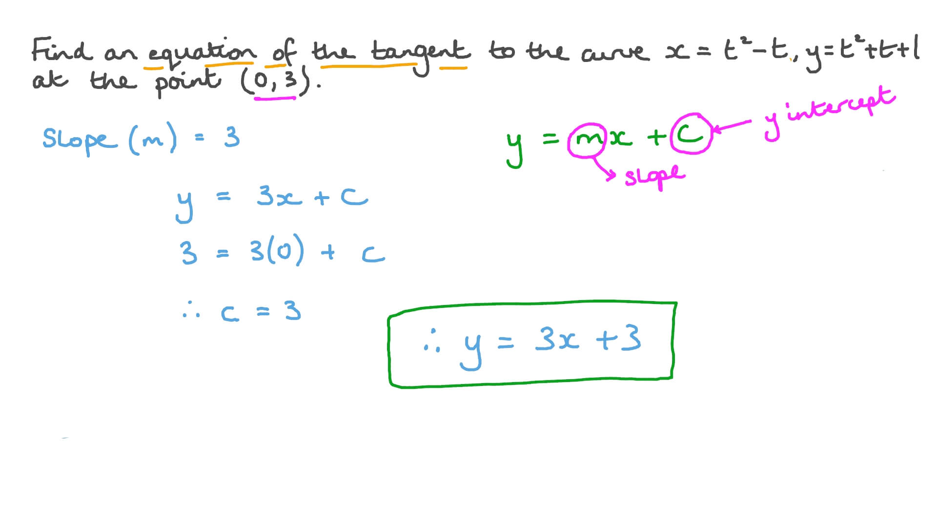 Question Video: Finding the Equation of the Tangent to a Curve of a Parametric Equation ...