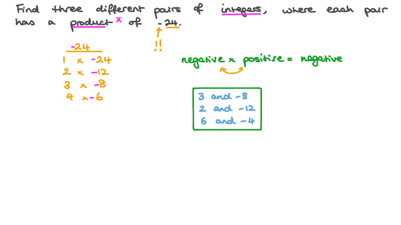 Question Video Finding Pairs Of Integers Given That Their Product Is A