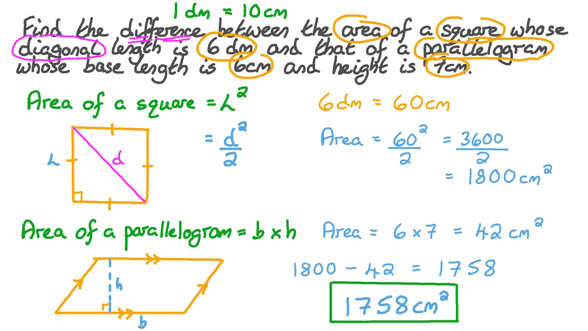 Question Video Finding The Difference In Area Between Two Figures