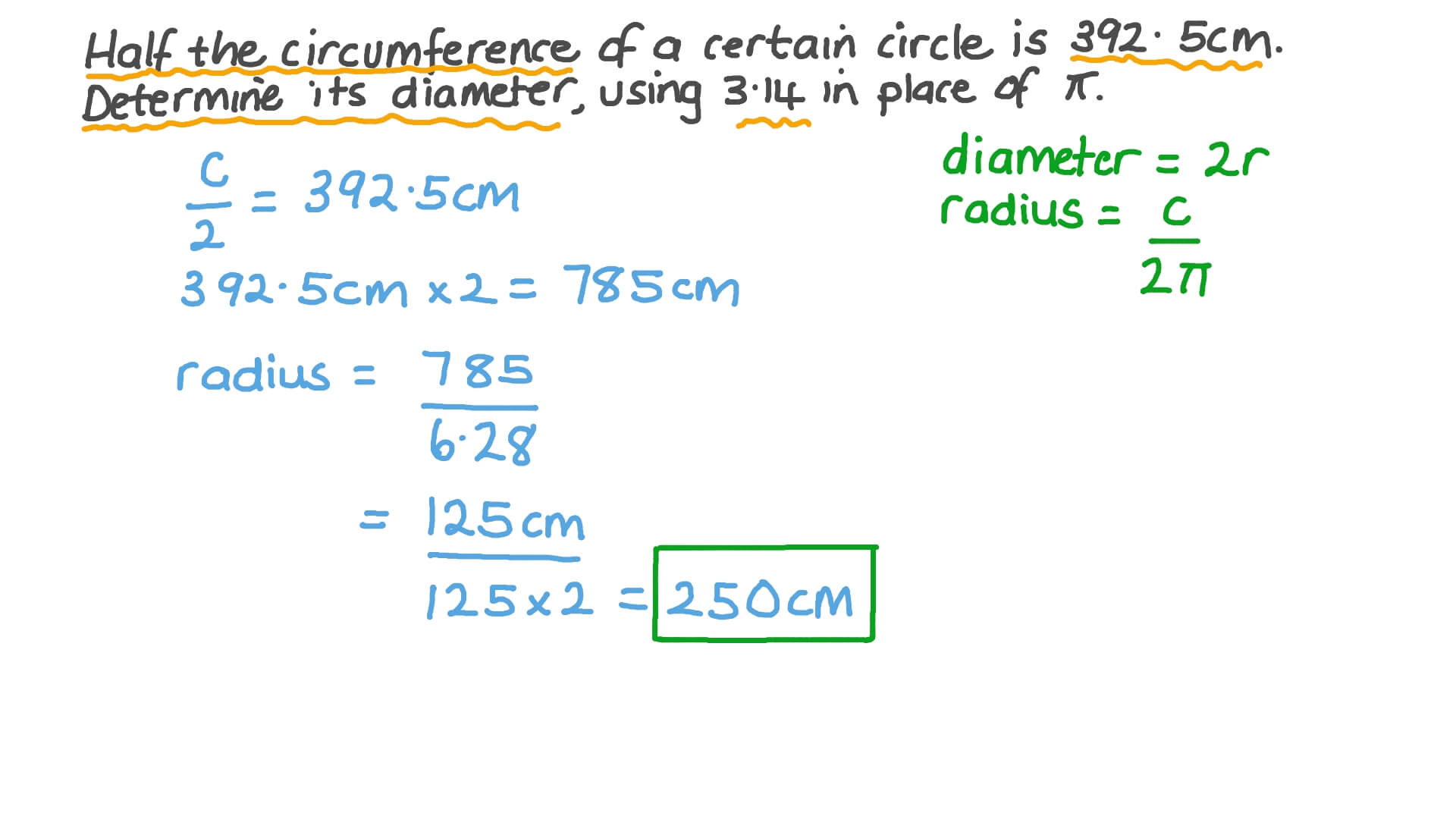 Question Video: Finding the Diameter of a Circle given Its Circumference | Nagwa