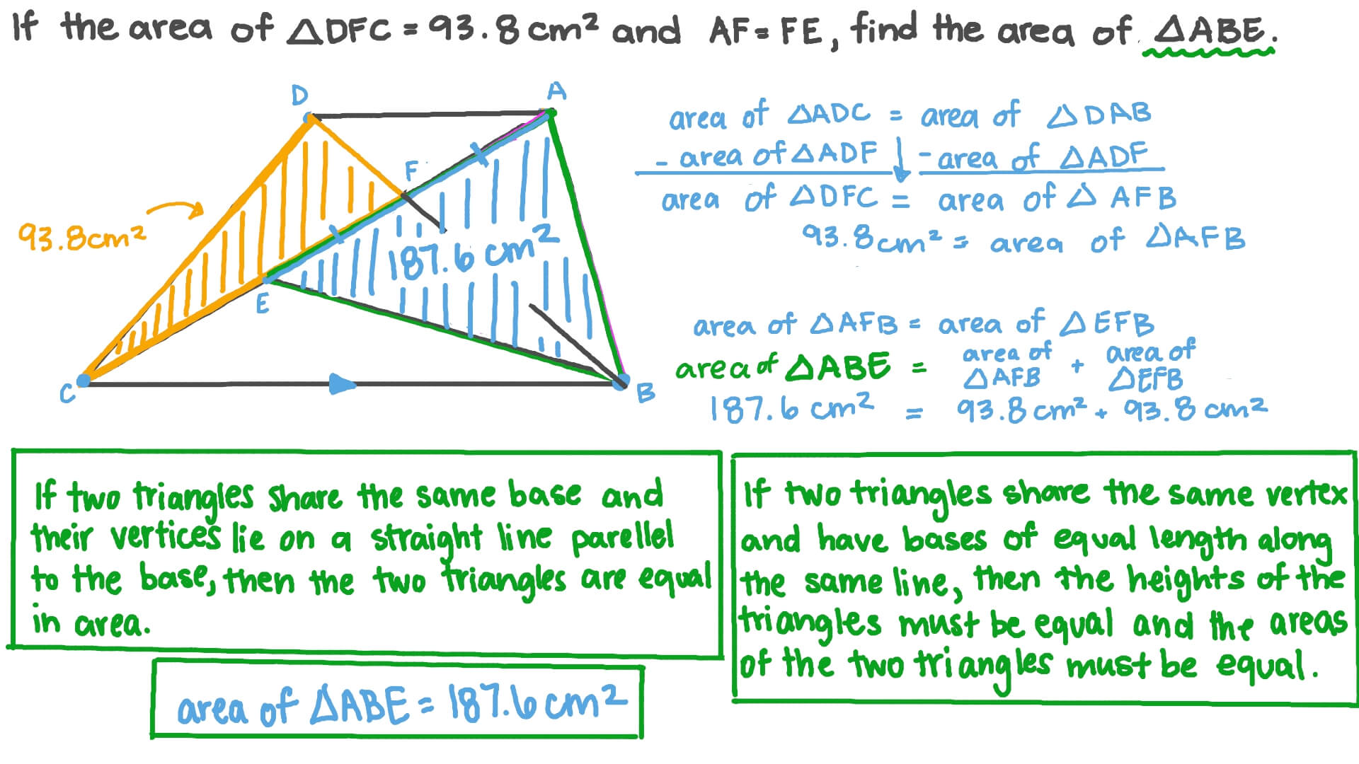 Question Video: Finding the Area of a Triangle Using the Relation between Triangles Sharing the ...