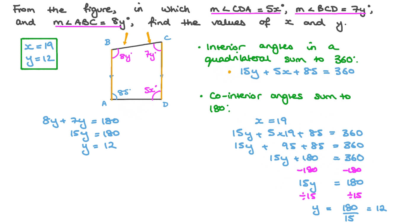 Question Video: Finding the Measures of Angles in a Quadrilateral given ...
