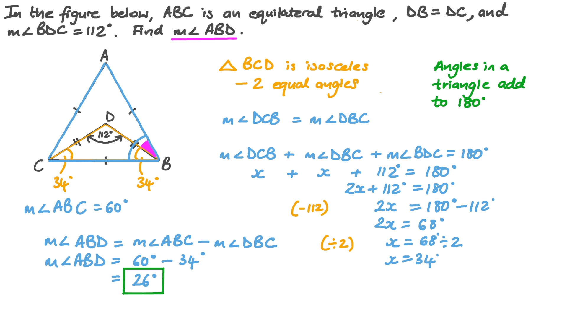 Question Video Finding The Measure Of An Angle In A Triangle Using The 