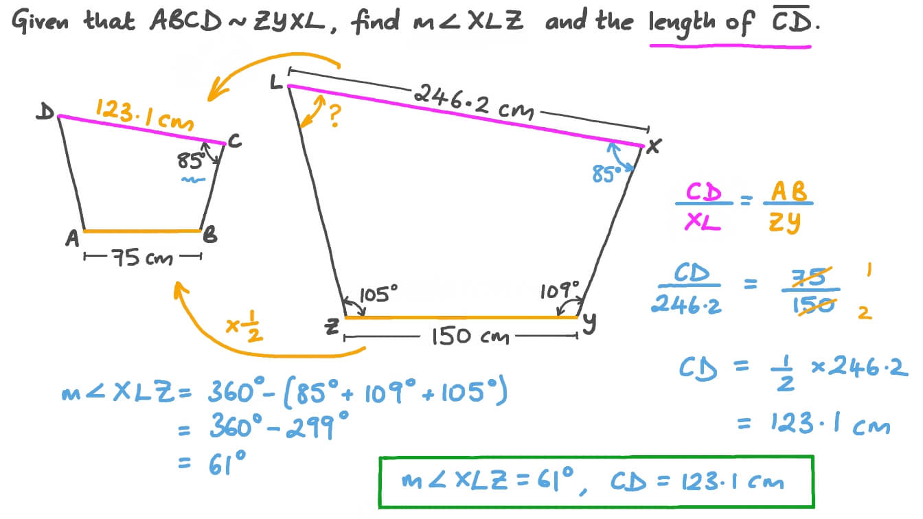 Question Video: Finding the Side Length and Angle Measure in Similar Quadrilaterals | Nagwa