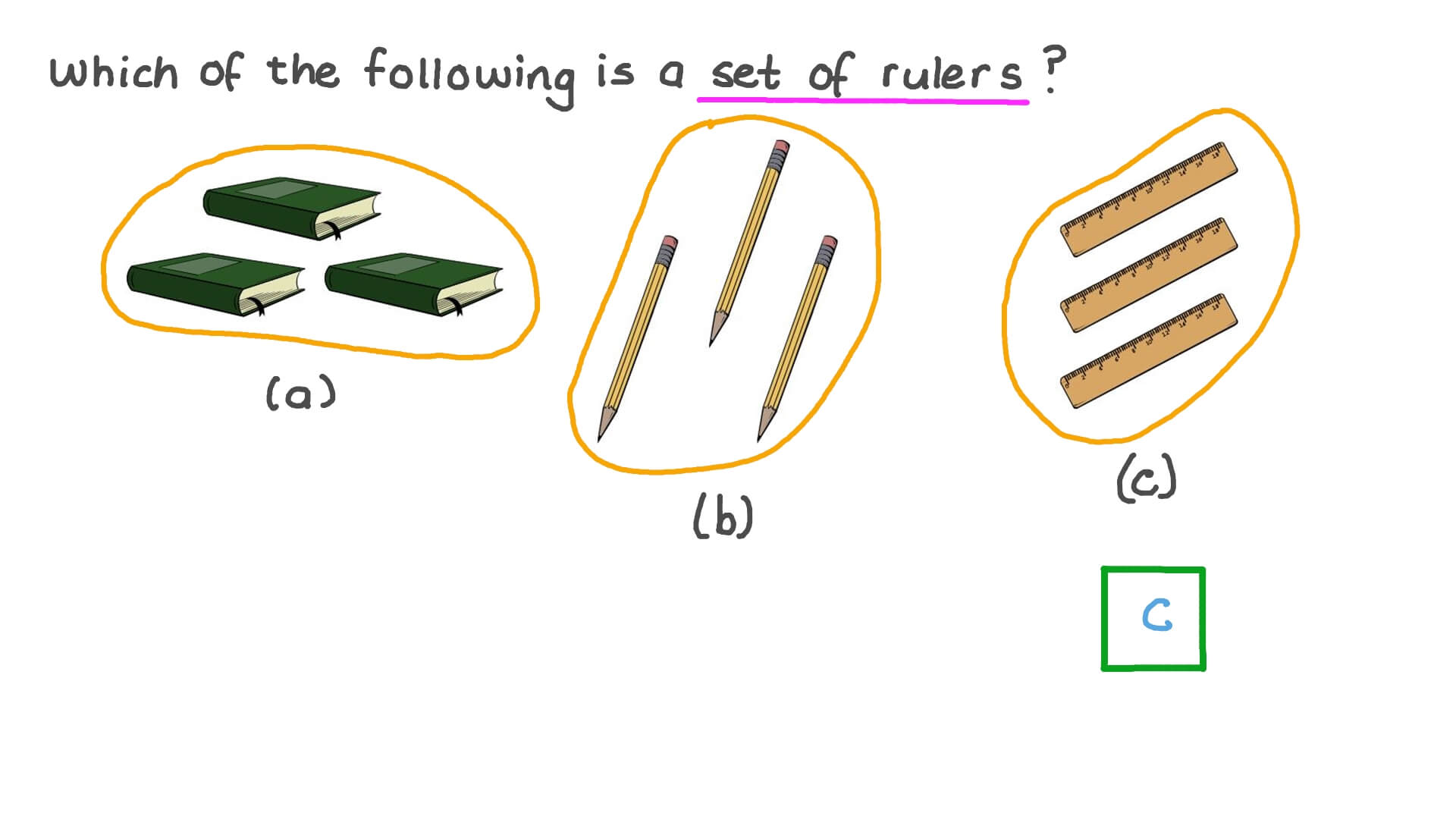 Question Video: Identifying a Set of Items | Nagwa