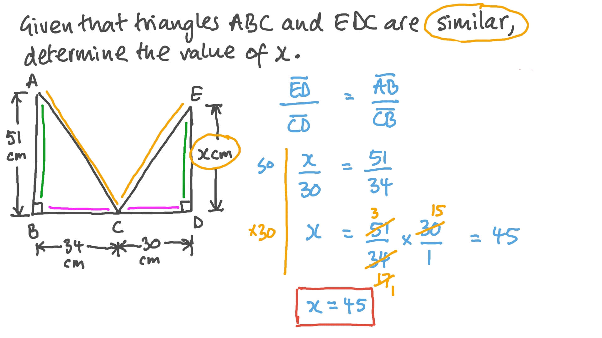 Question Video: Finding a Side Length in a Triangle given the Corresponding Side Length in a ...
