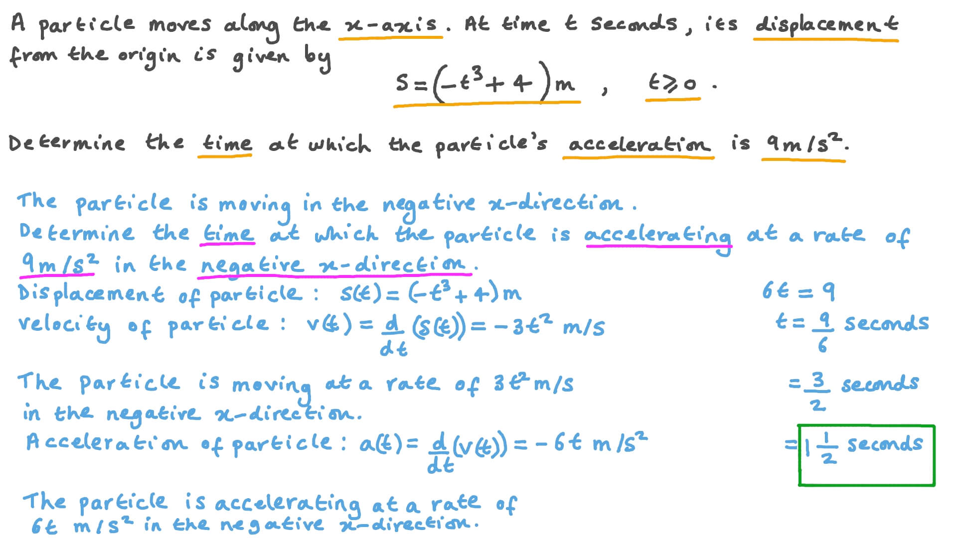 Question Video: Determining the Time of the Given Acceleration of a Particle Using the ...