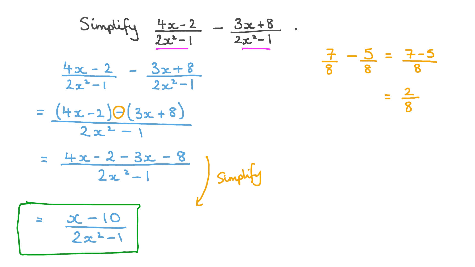 Question Video Subtraction Of Rational Expressions Where The