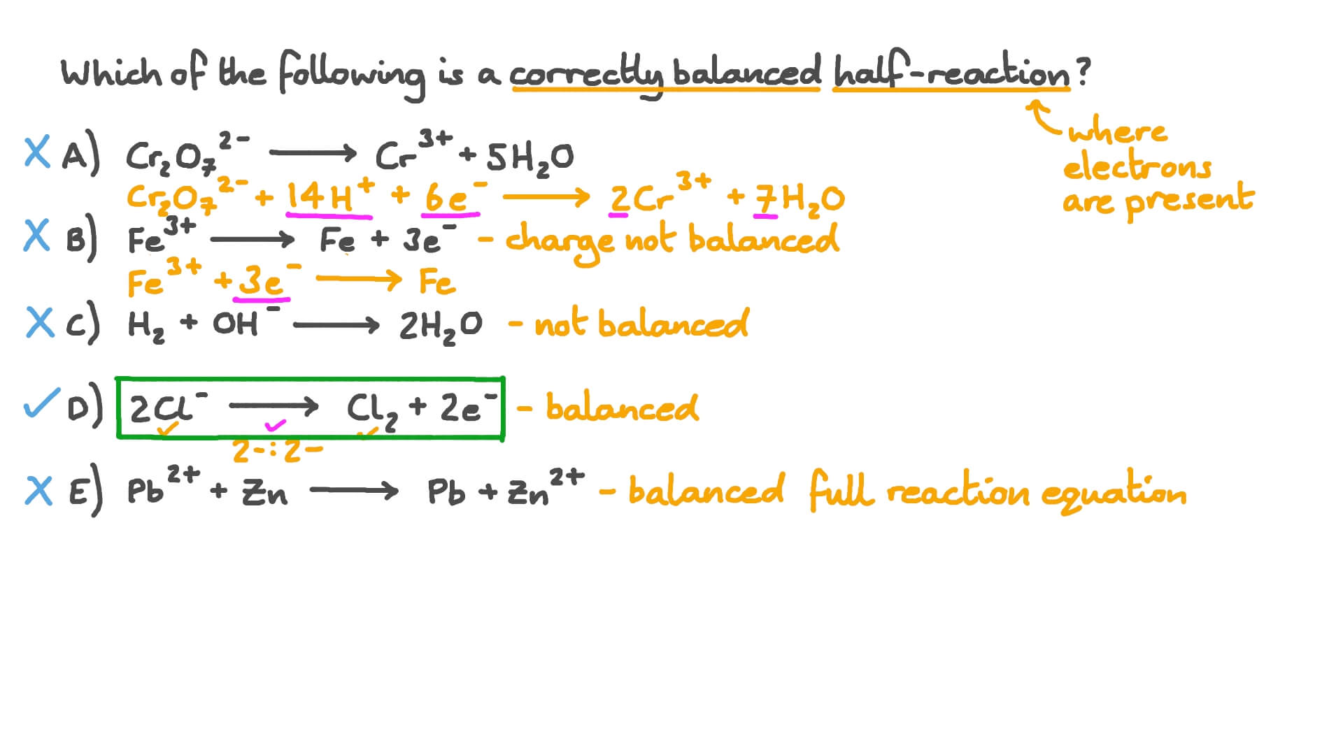 Video: Identifying a Correctly Balanced Half-Reaction | Nagwa