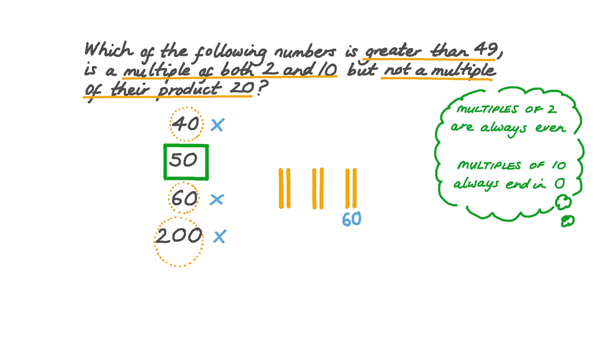 Question Video: Using Multiples to Identify a Certain Number given a Range | Nagwa