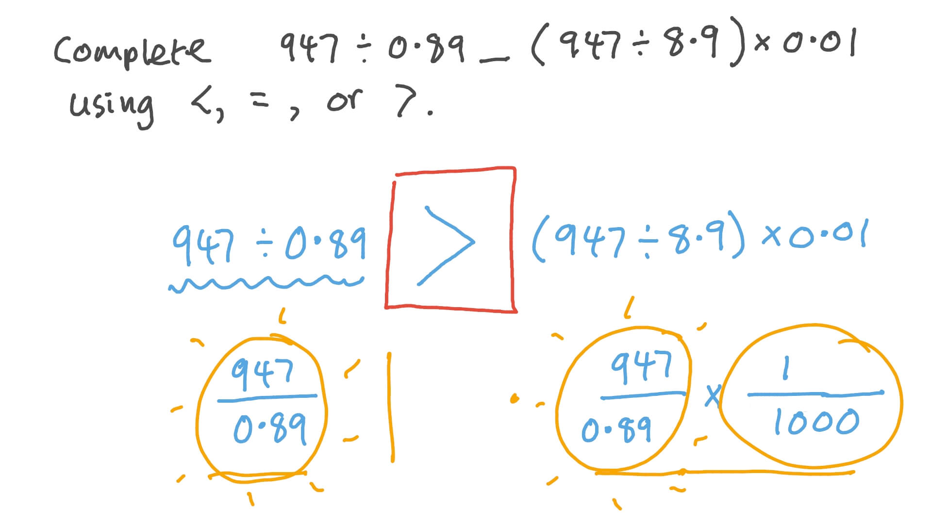 Question Video: Comparing Expressions Involving Multiplication and Division of Decimal Numbers ...
