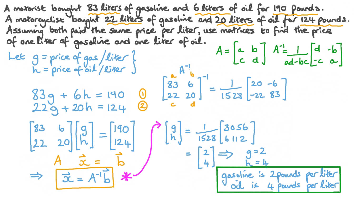 Question Video: Solving Systems of Equations Driven from Real-Life Applications Using Matrices ...