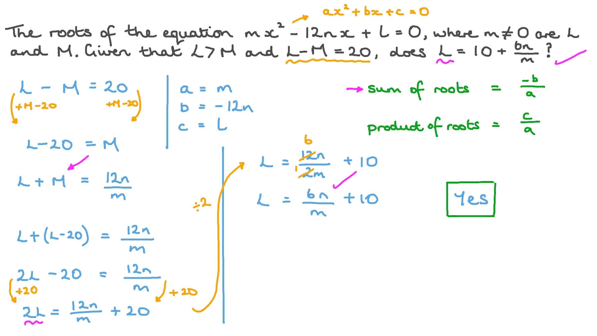 Question Video: Finding an Unknown in a Quadratic Equation Using the Relation between Its ...