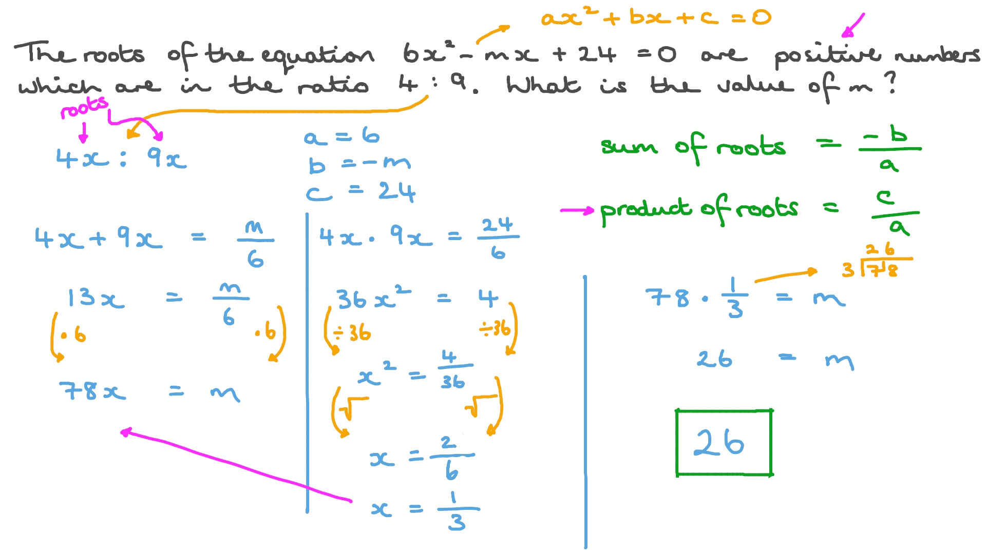 Question Video: Finding an Unknown in a Quadratic Equation given the Ratio between Its Roots | Nagwa
