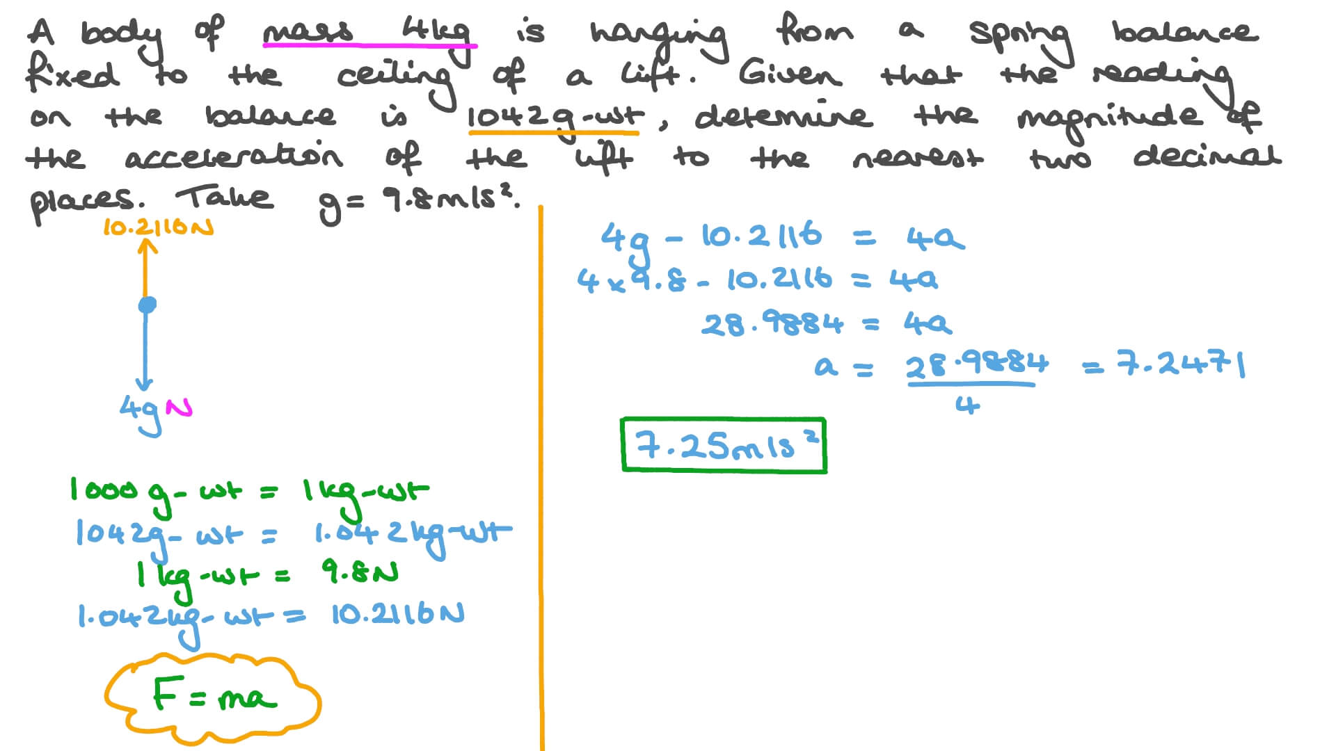 Question Video: Finding the Acceleration of a Lift Using the Weight of ...