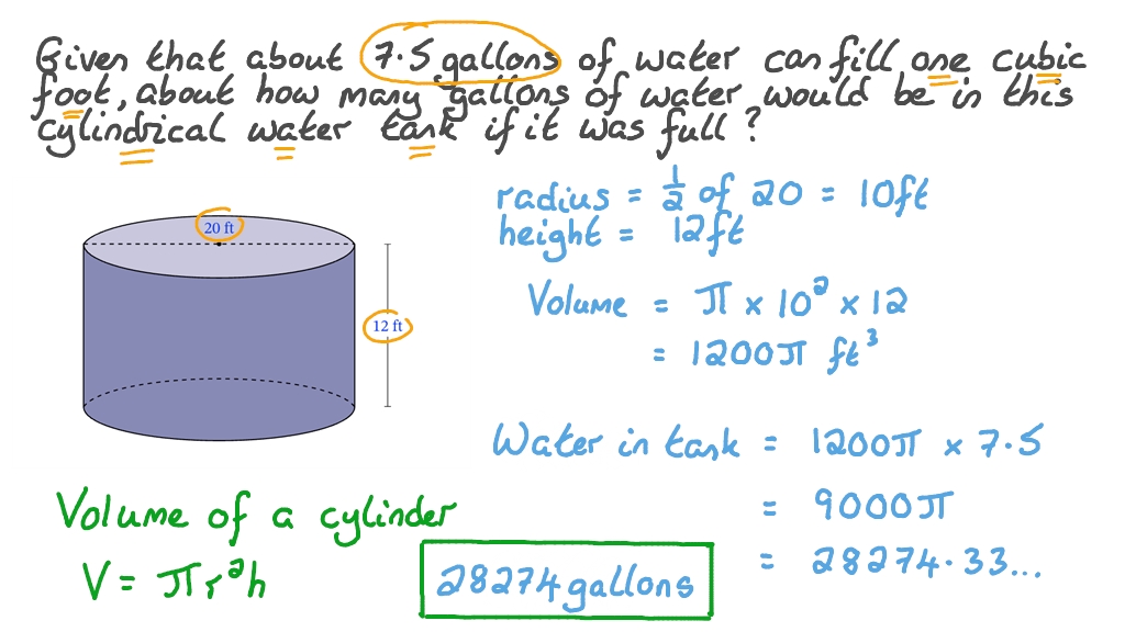 Question Video Finding The Volume Of A Cylinder In A Real World