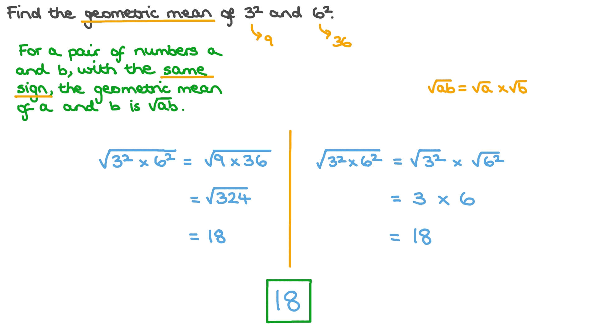 ion Video Finding The Geometric Mean Of Two Squared Numbers Nagwa