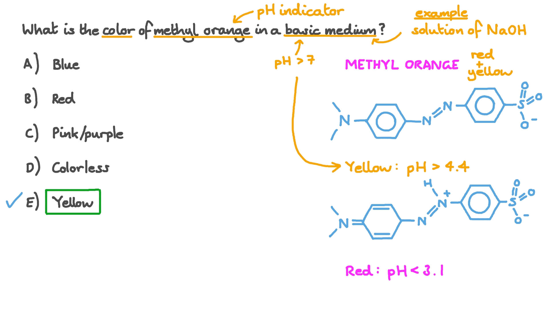 Video: Giving the Color of Methyl Orange in a Basic Medium | Nagwa