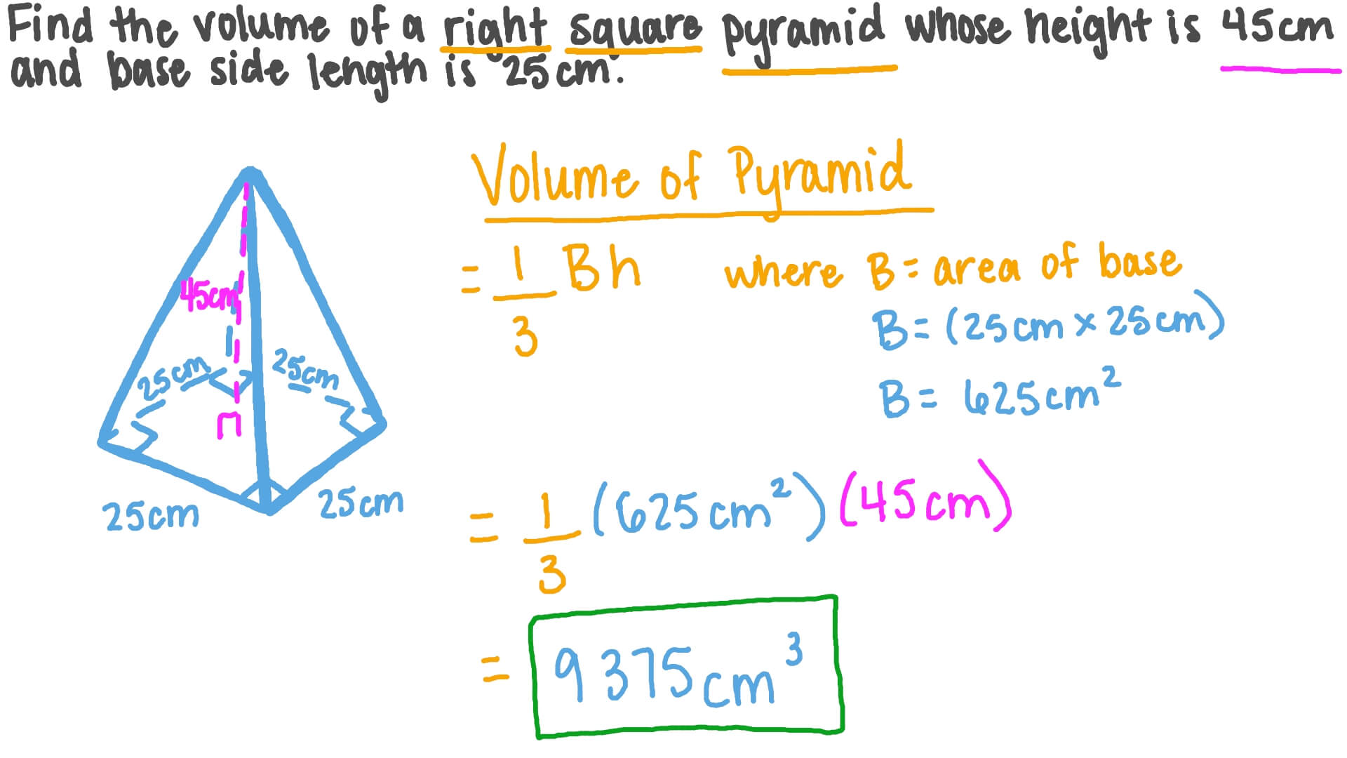Question Video Finding The Volume Of A Right Square Pyramid Given Its