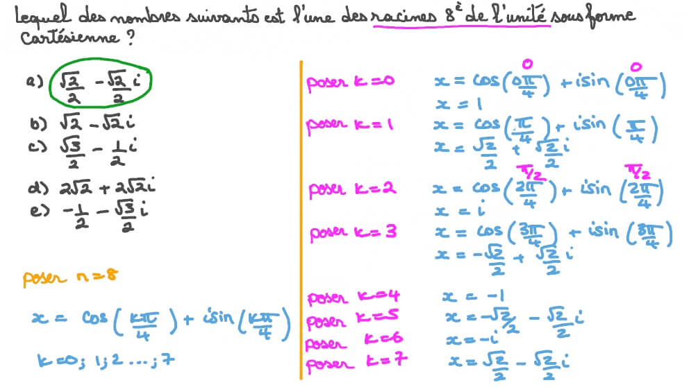 Question Video: Les 8e racines de l’unité sous forme cartésienne | Nagwa