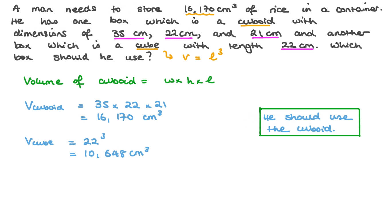 Question Video: Finding the Volume of a Cube and a Cuboid in a Real ...