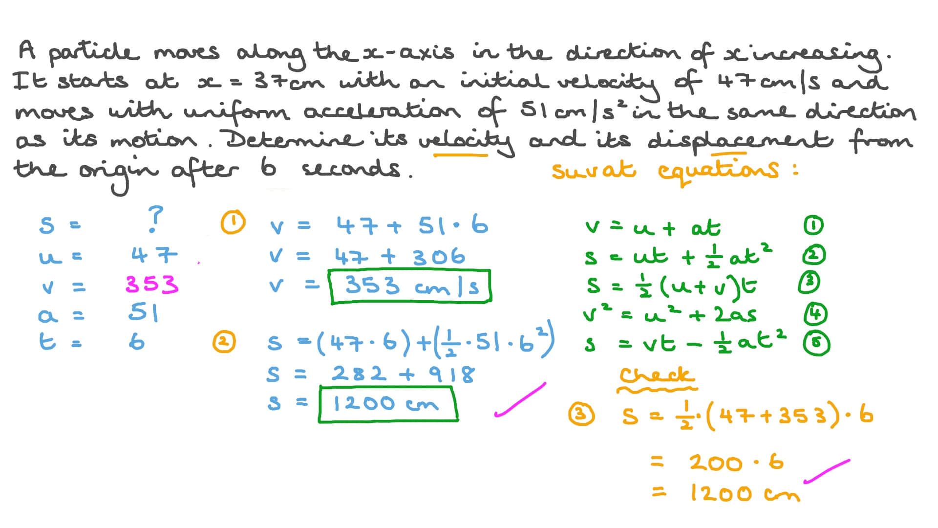 Question Video: Finding the Velocity and Displacement of a Particle Moving with Uniform ...