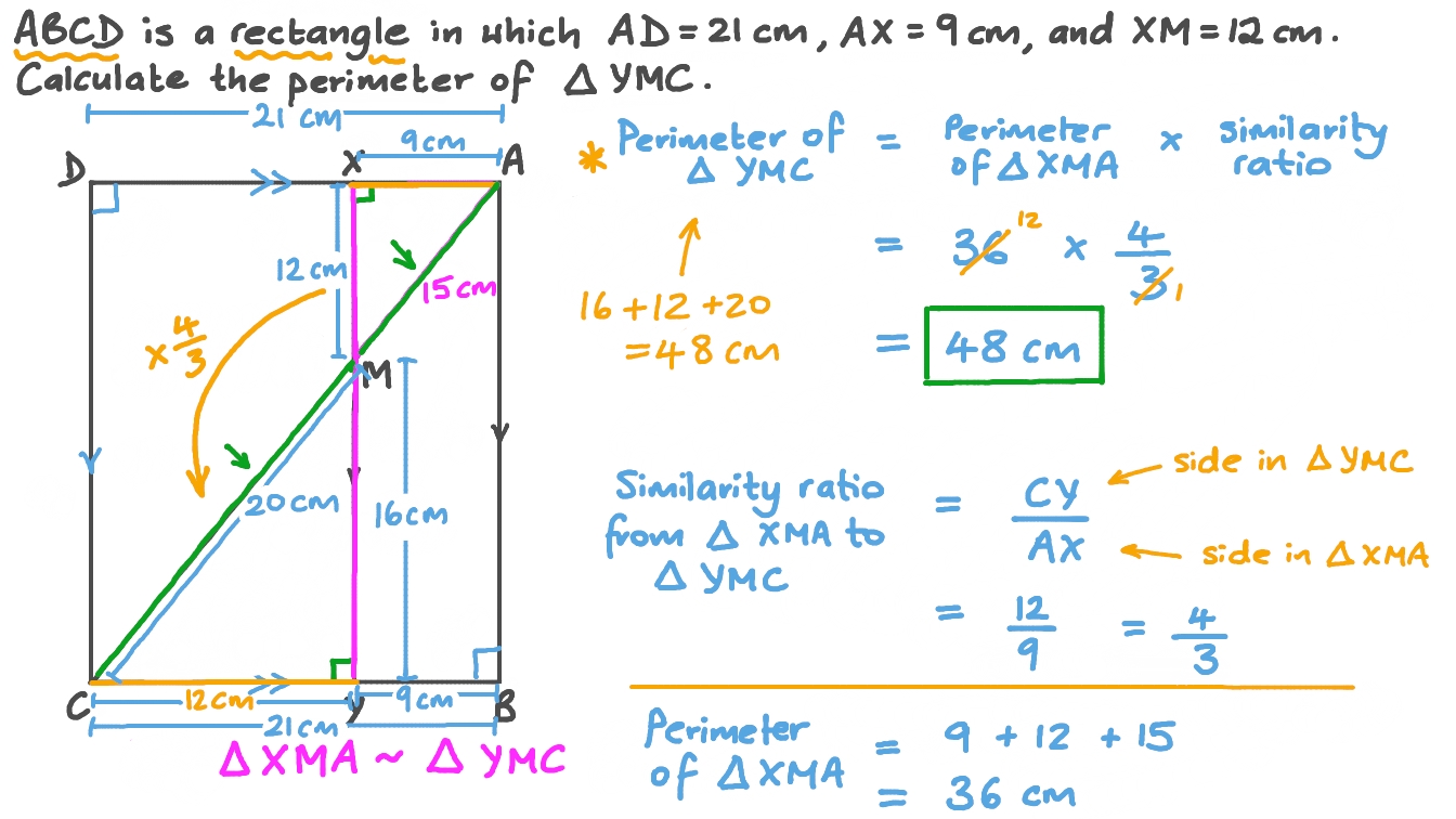 Question Video: Finding the Perimeter of a Triangle Using the Similarity between Two Triangles ...